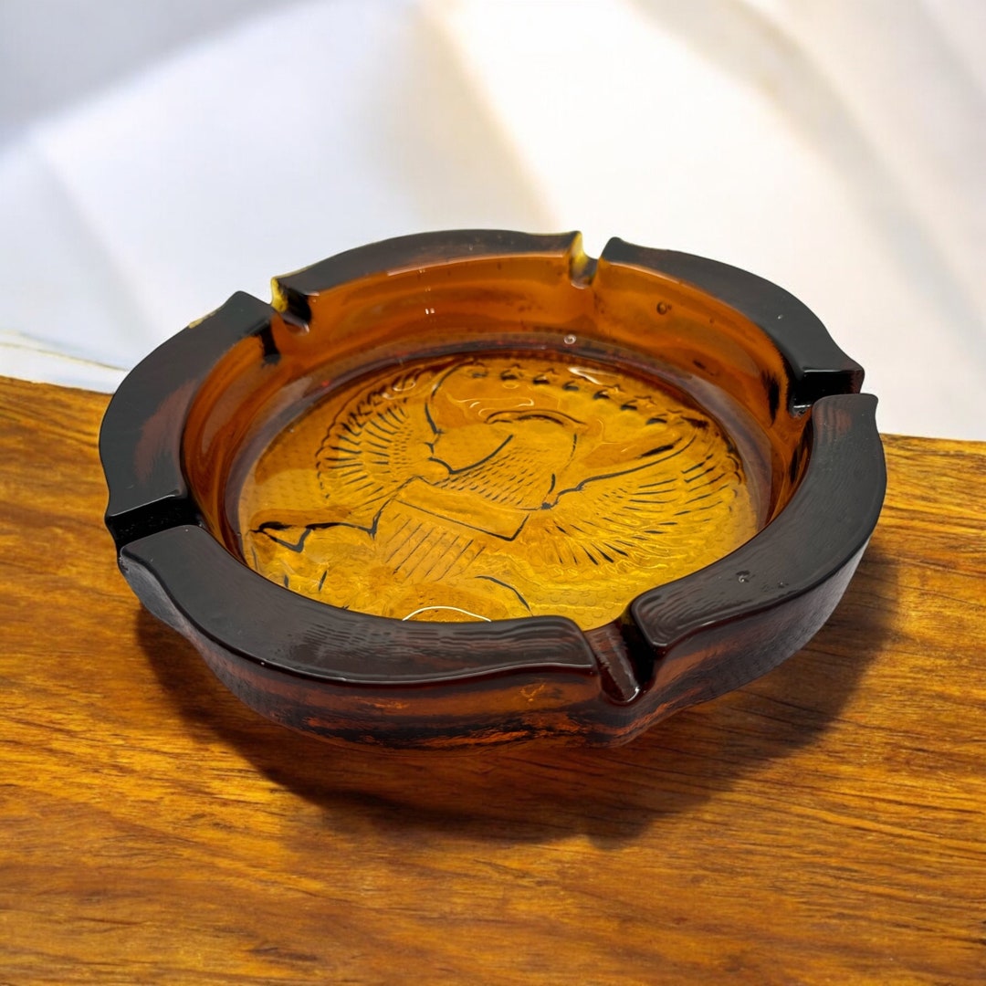 Mid Century Large Glass Ashtray Gold Amber Glass, Cigar Man Cave Mad ...