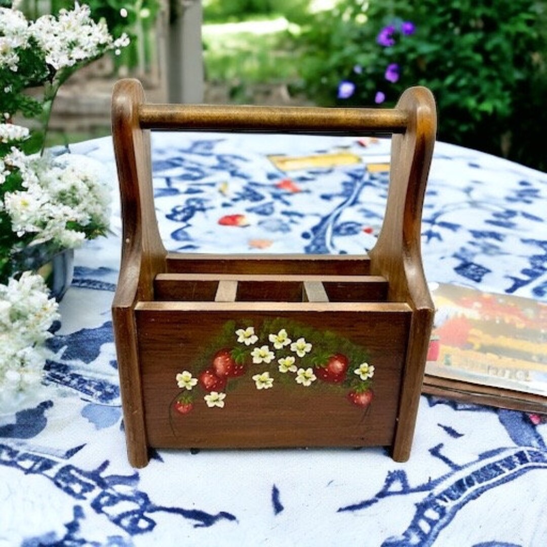 Vintage Wooden Single Handle Basket Farmhouse Wood Utensil Kitchen ...