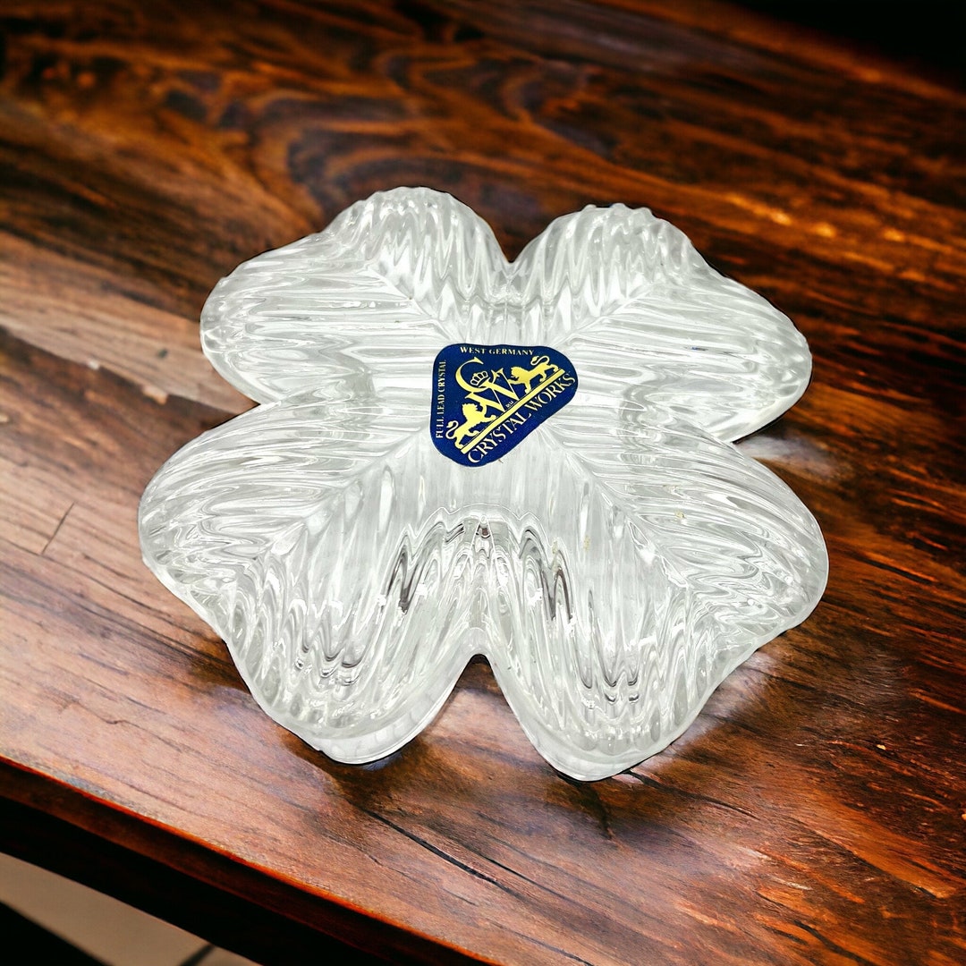 Pressed Glass Shamrock 4 Leaf Clover Box, Clear Cut Crystal Lidded ...