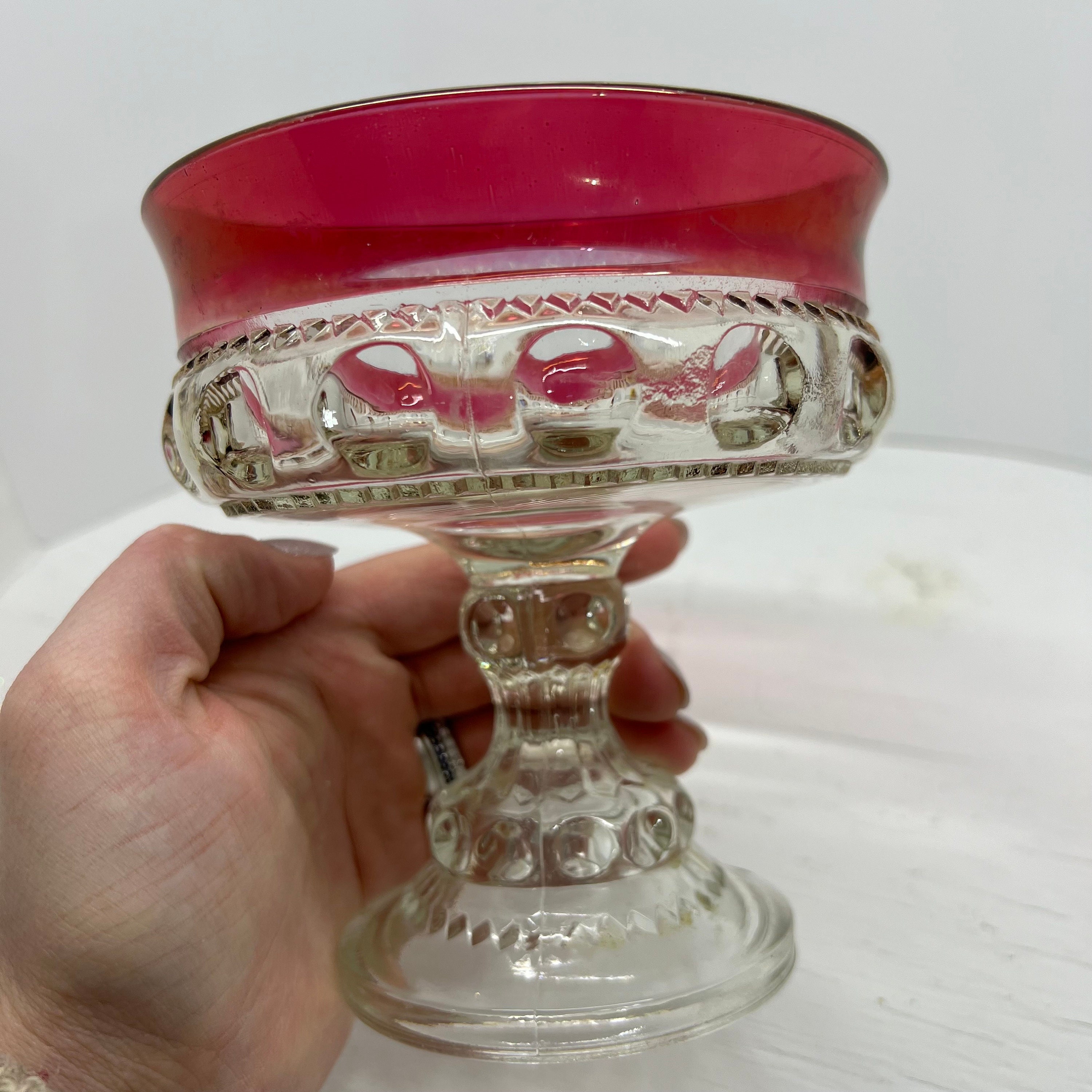 Vintage Tiffin Glass Pedestal Compote King's Crown Ruby Bowl Flashed ...