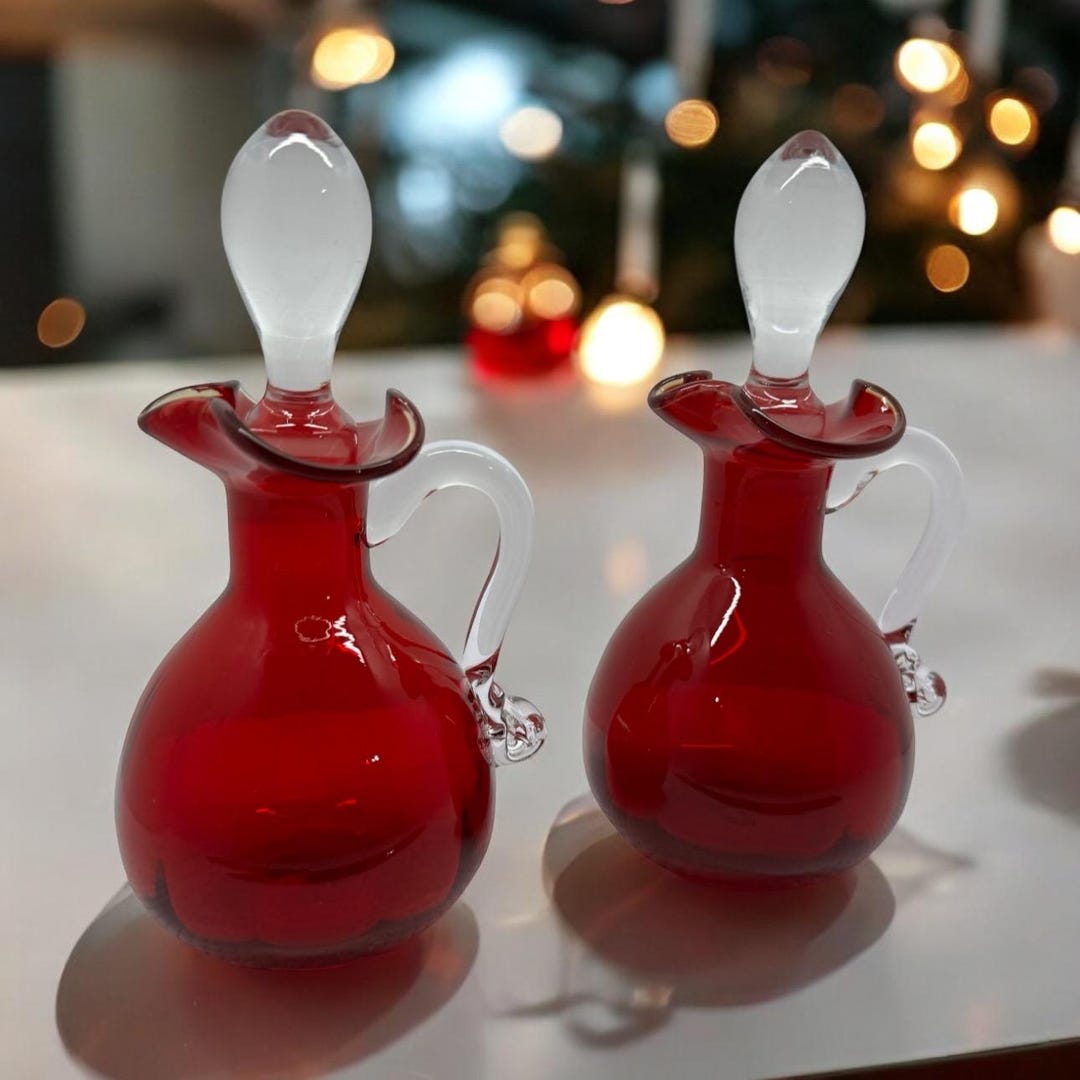 Set of 2 Vintage Ruby Red Glass Cruets With Clear Stoppers & Applied ...