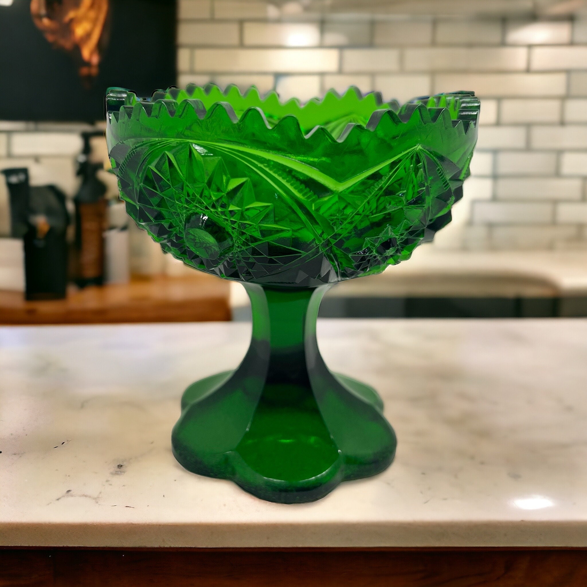 Vintage Emerald Green Glass Compote Pedestal Bowl Kemple Wheaton ...