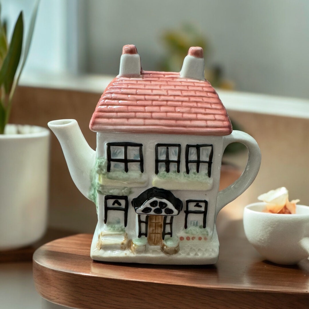 Vintage Pottery English Tudor Cottage Teapot - Pink Roof Country House ...