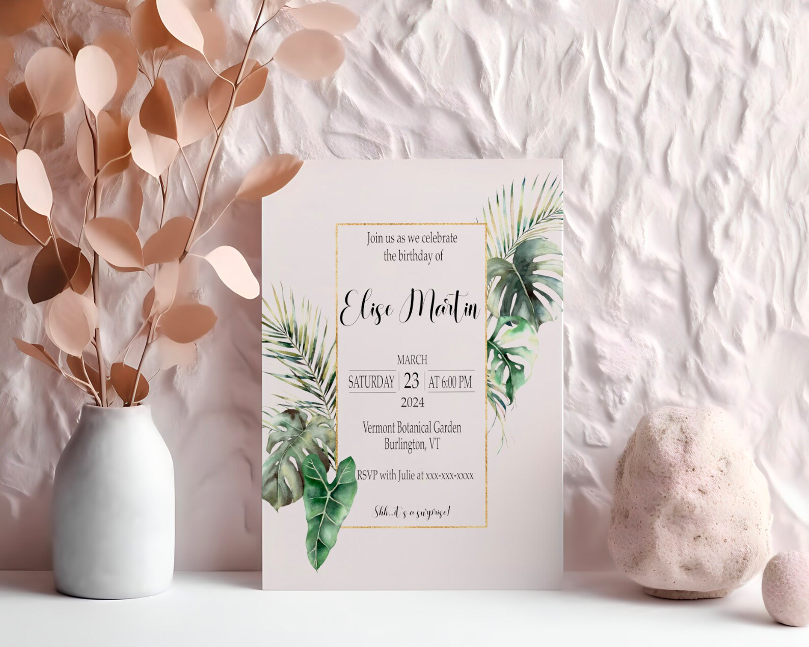 Tropical Leaves Birthday Invitation, Customizable Digital Invitation ...