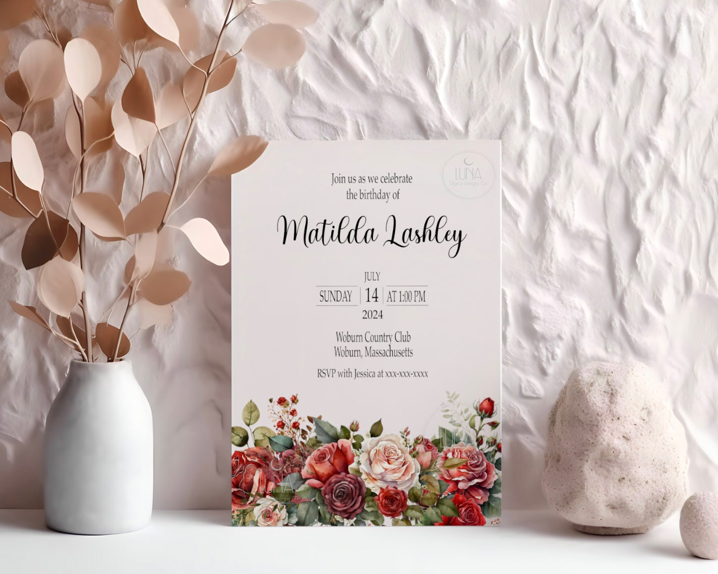 Red Roses Birthday Invitation, Customizable Digital Invitation, Digital ...