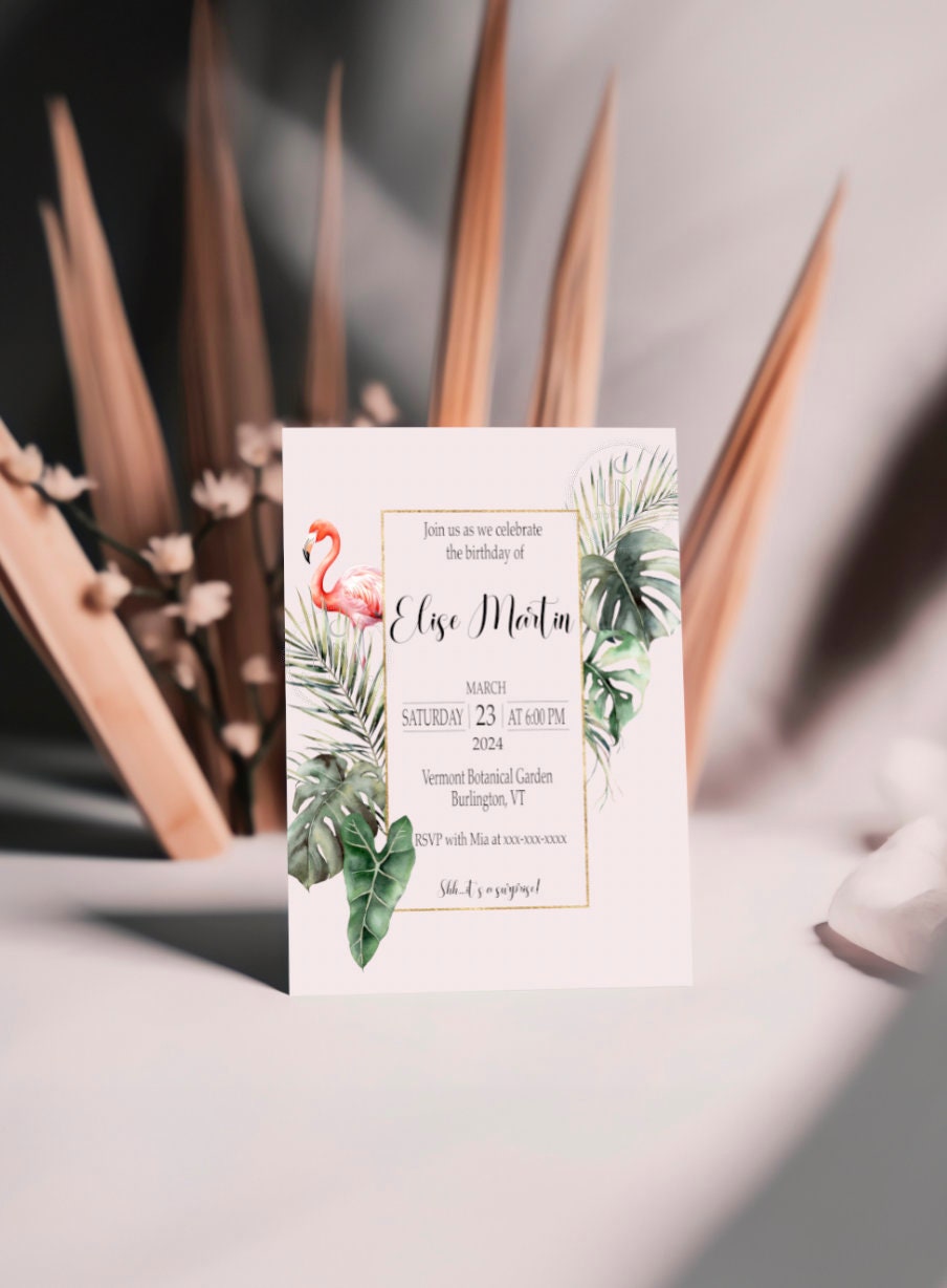 Tropical Leaves Birthday Invitation, Customizable Digital Invitation ...