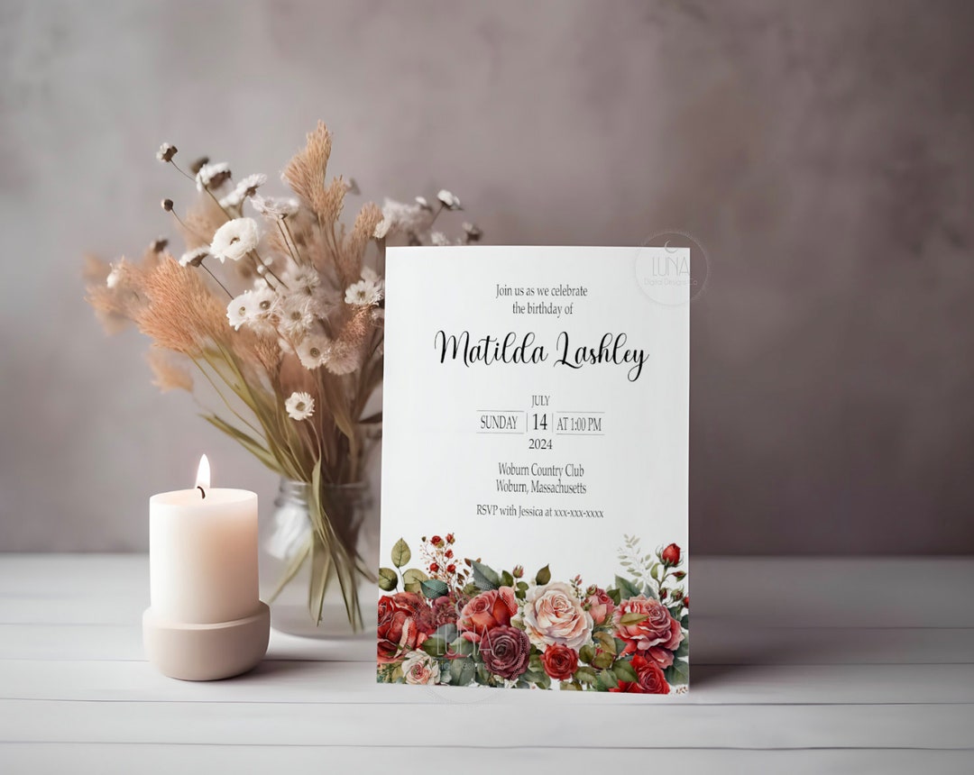 Red Roses Birthday Invitation, Customizable Digital Invitation, Digital ...