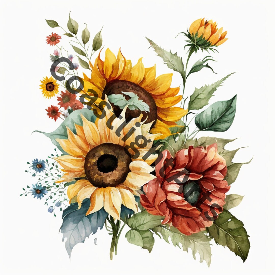20 Watercolor Sunflower Floral Clipart Summer Flowers, PNG, Commercial ...