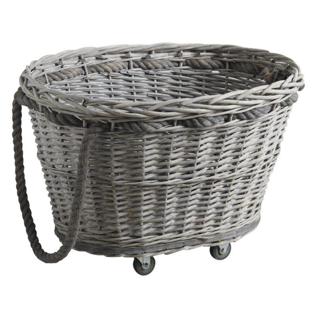 Log Cart on Wheels in Gray Wicker With Rope Handle and Solid Bottom ...