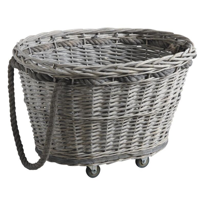 Log Cart on Wheels in Gray Wicker With Rope Handle and Solid Bottom ...