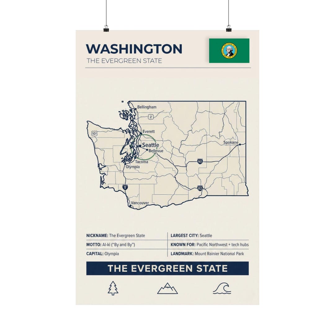 Washington Evergreen State Map Poster, Seattle Highlight Map Print ...