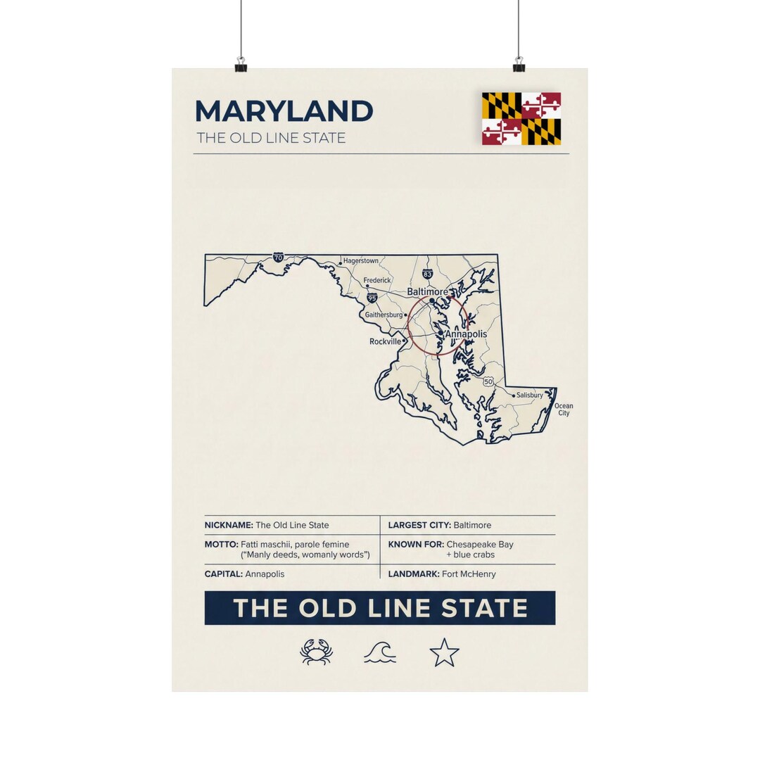 Maryland Old Line Map Poster, Baltimore - Annapolis Highlight Print ...