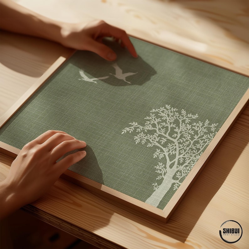 Calming Green Square Wall Art, Abstract Crane Birds Tree Linen Art ...
