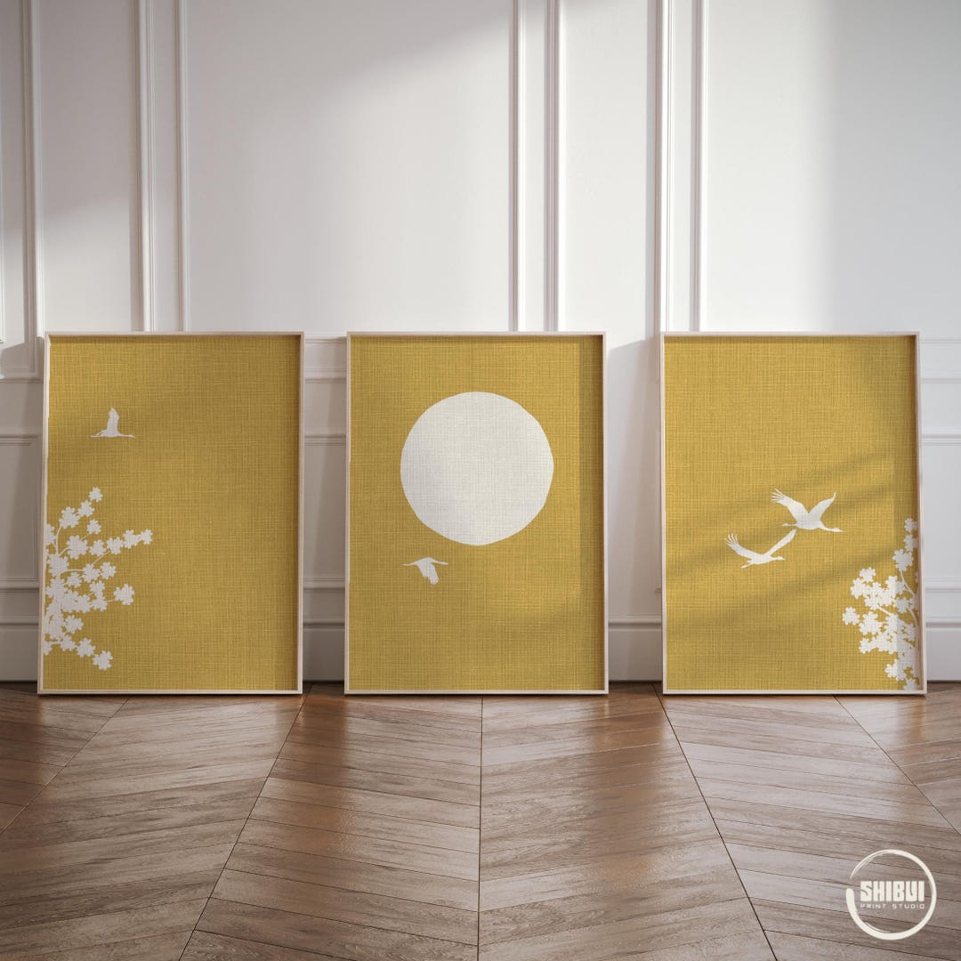 Mustard Yellow Japandi Wall Art, 3-panel Triptych With Crane Birds ...