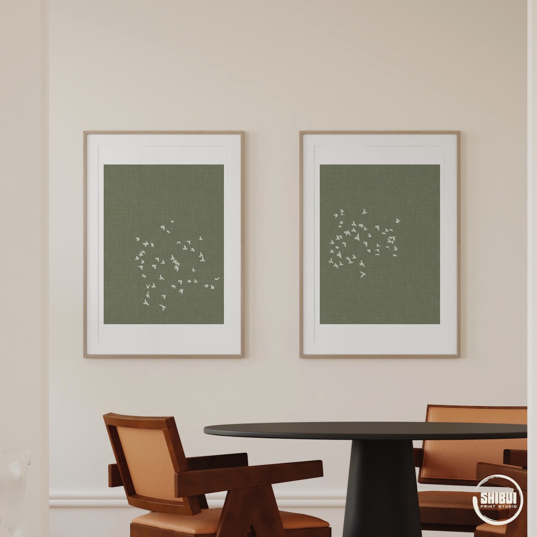 Flock of Birds Diptych Wall Art, Set of 2 Sage Green Pairing Prints, 2 Piece Minimalist Japandi ...