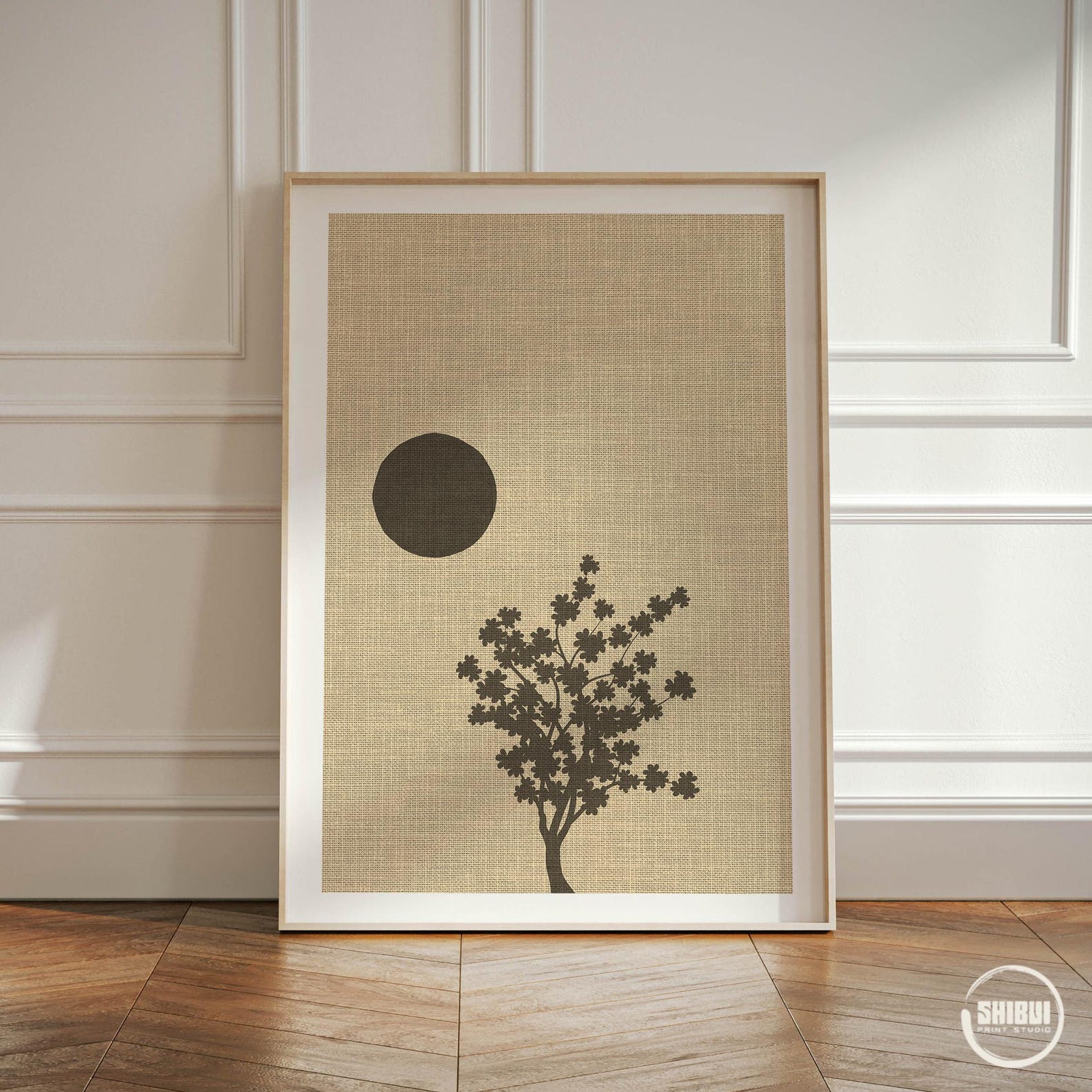Cherry Blossoms Sun Minimalistic Art Poster, Sepia Fabric Appearance ...