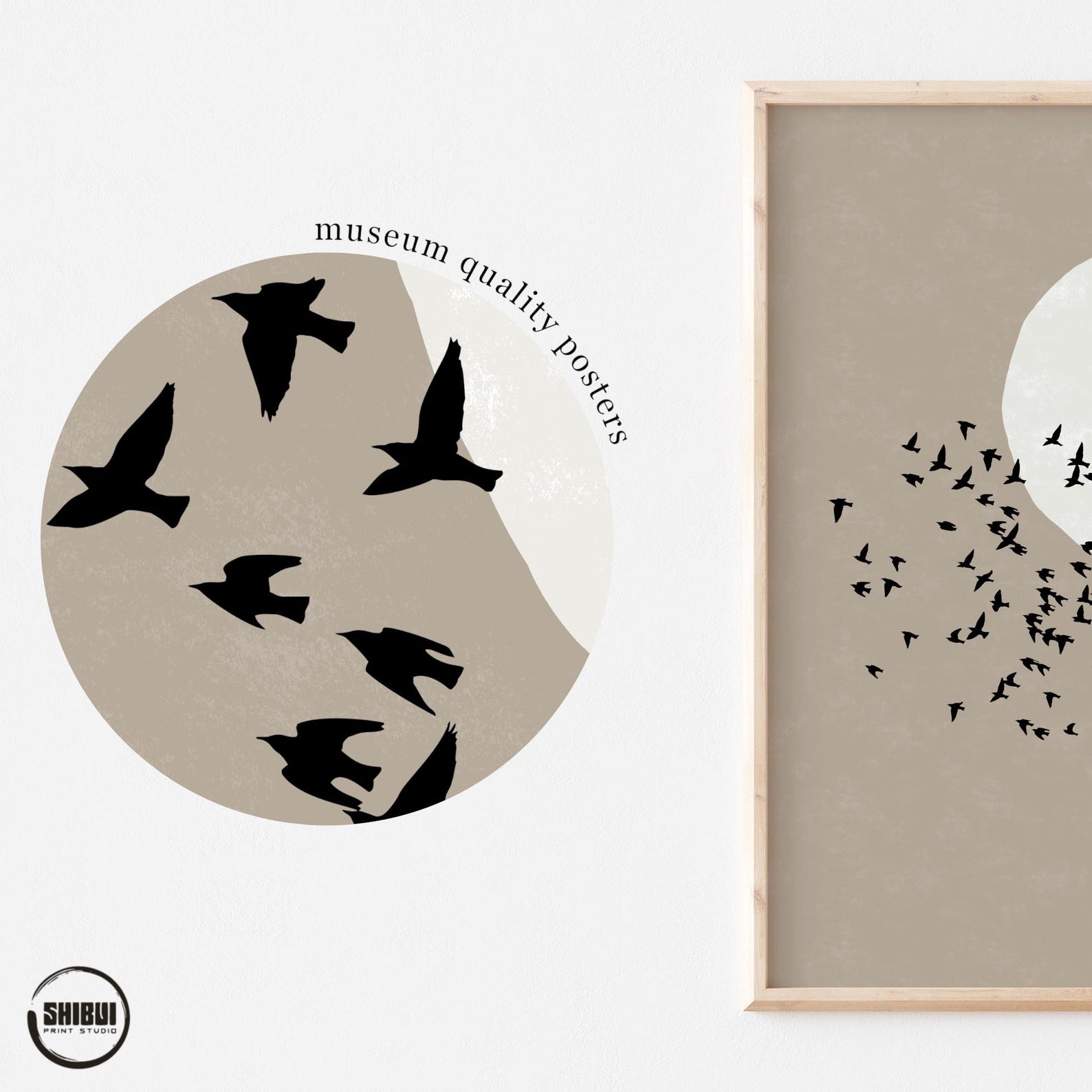 Neutral Colors Flock of Birds Japandi Wall Art, Birds Silhouette Moon ...