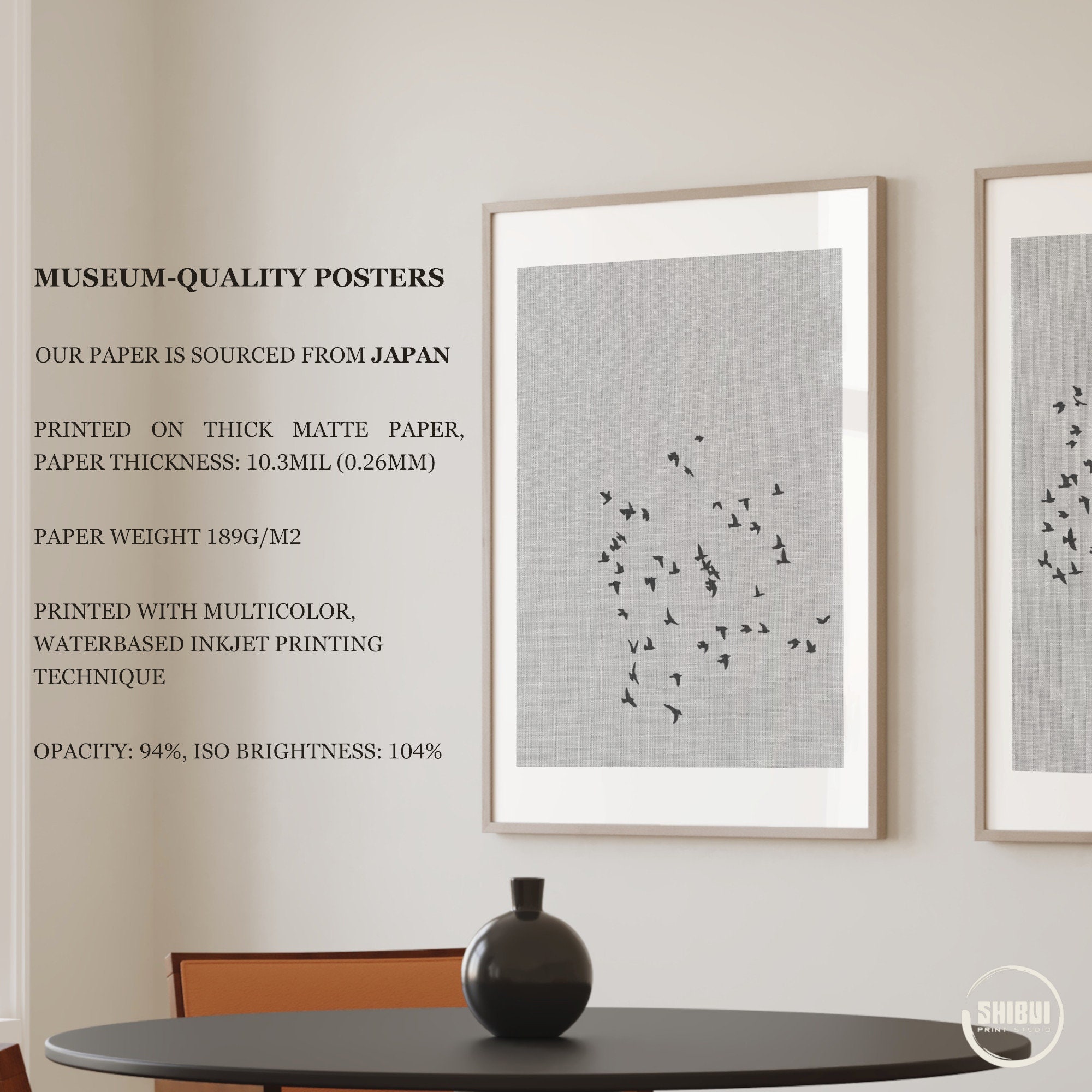 Modern Japanese Gray Art Prints Set, Flock of Birds Diptych Poster Set ...