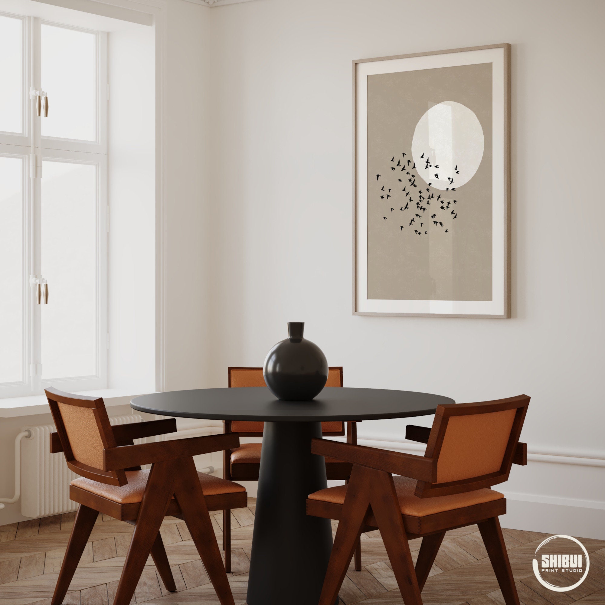Neutral Colors Flock of Birds Japandi Wall Art, Birds Silhouette Moon ...