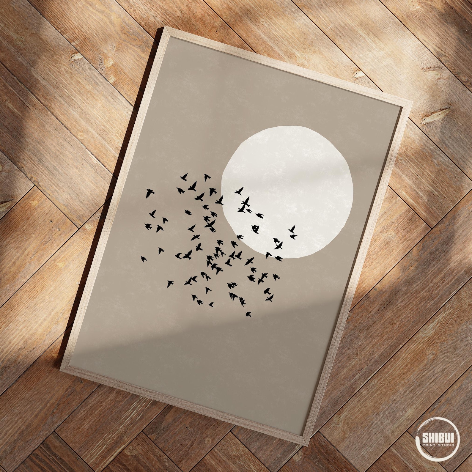 Neutral Colors Flock of Birds Japandi Wall Art, Birds Silhouette Moon ...