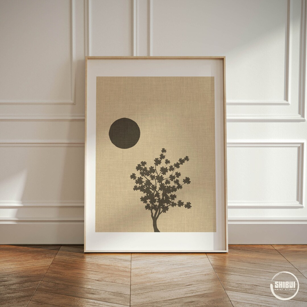 Cherry Blossoms Sun Minimalistic Art Poster, Sepia Fabric Appearance ...