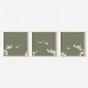 Japanese Crane Birds Herons Blossom Sun Tree Square Triptych Wall Art ...
