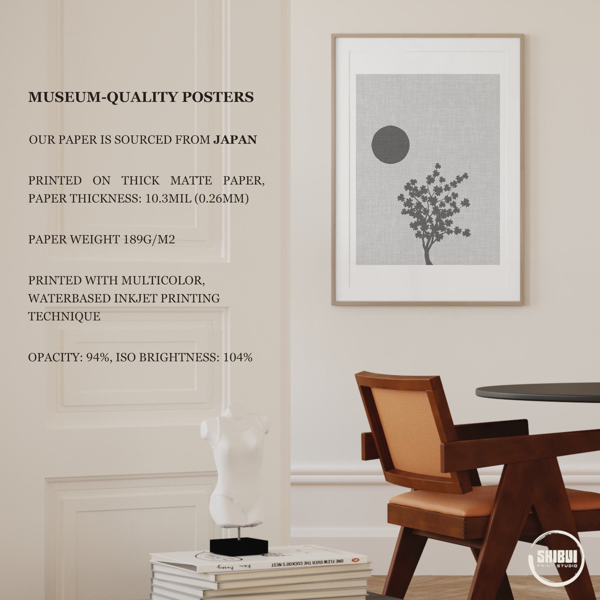 Japandi Hygge Tree Poster, Silver Gray Cherry Blossoms Sun Minimalistic ...