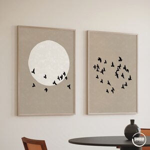 Neutral Poster Set of 2, Flock of Birds Sun Japandi Diptych Wall Art ...