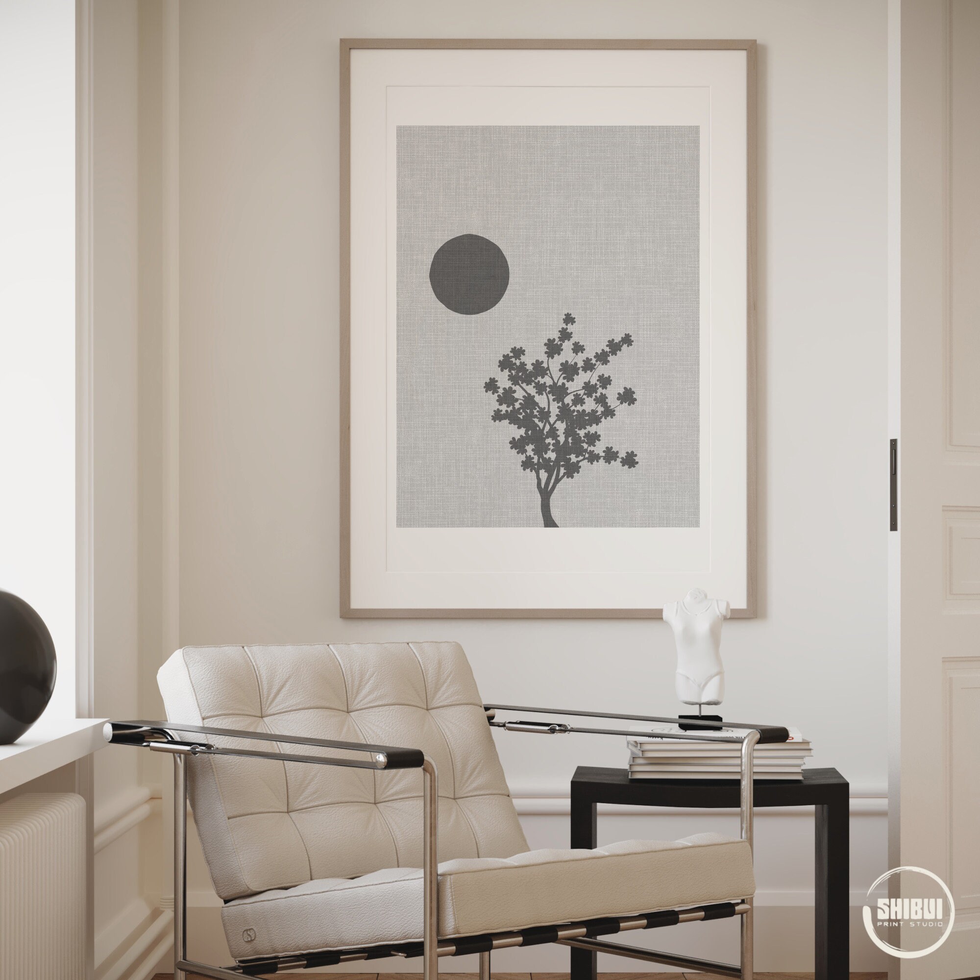 Japandi Hygge Tree Poster Silver Gray Cherry Blossoms Sun - Etsy