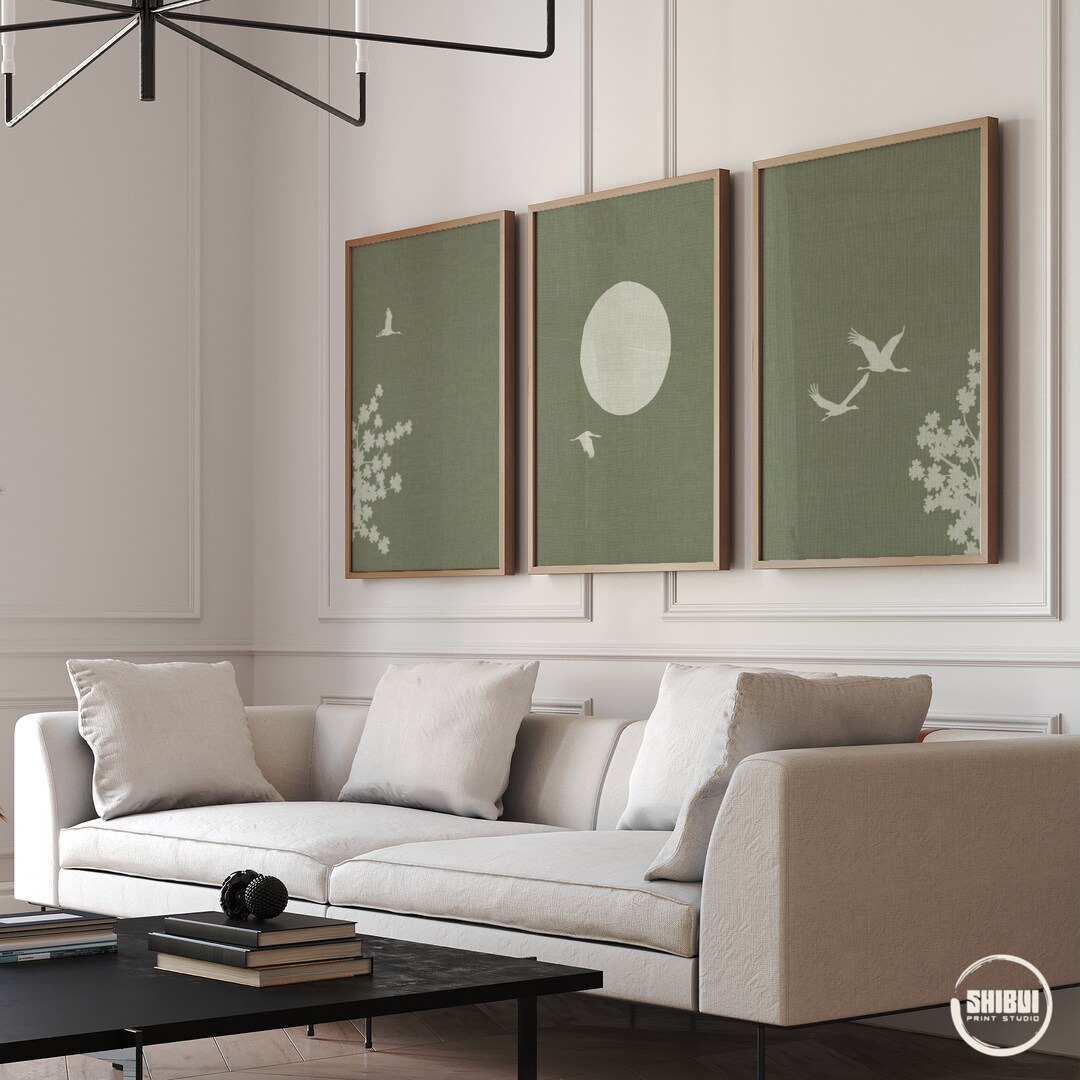 Set of 3 Green Japandi Prints, Japanese Crane Birds Blossom Sun Tree ...