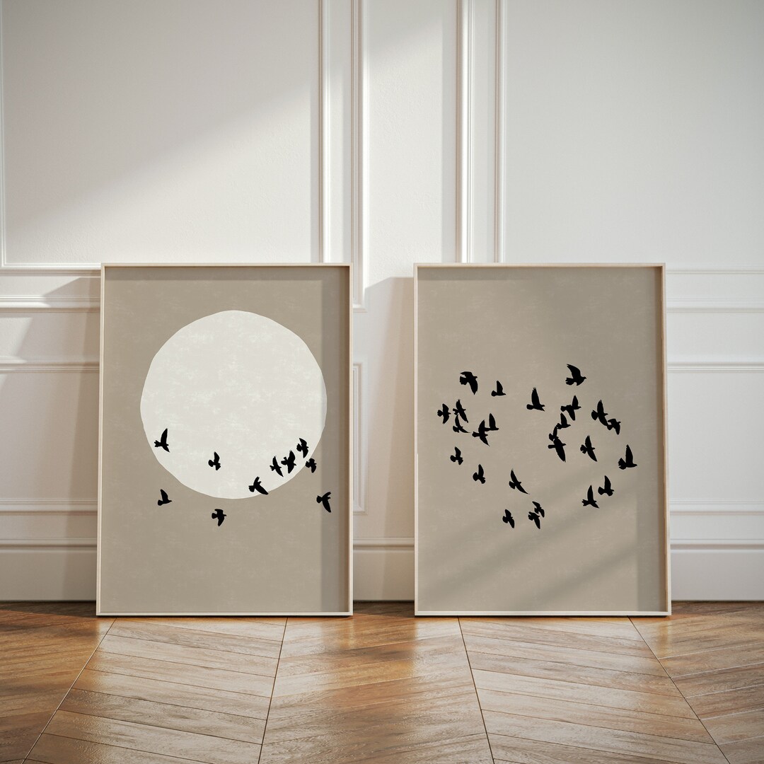 Neutral Poster Set of 2, Flock of Birds Sun Japandi Diptych Wall Art ...