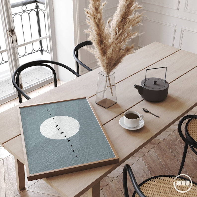 Flock of Birds Full Moon Blue Wall Art, Minimalistic Nordic ...