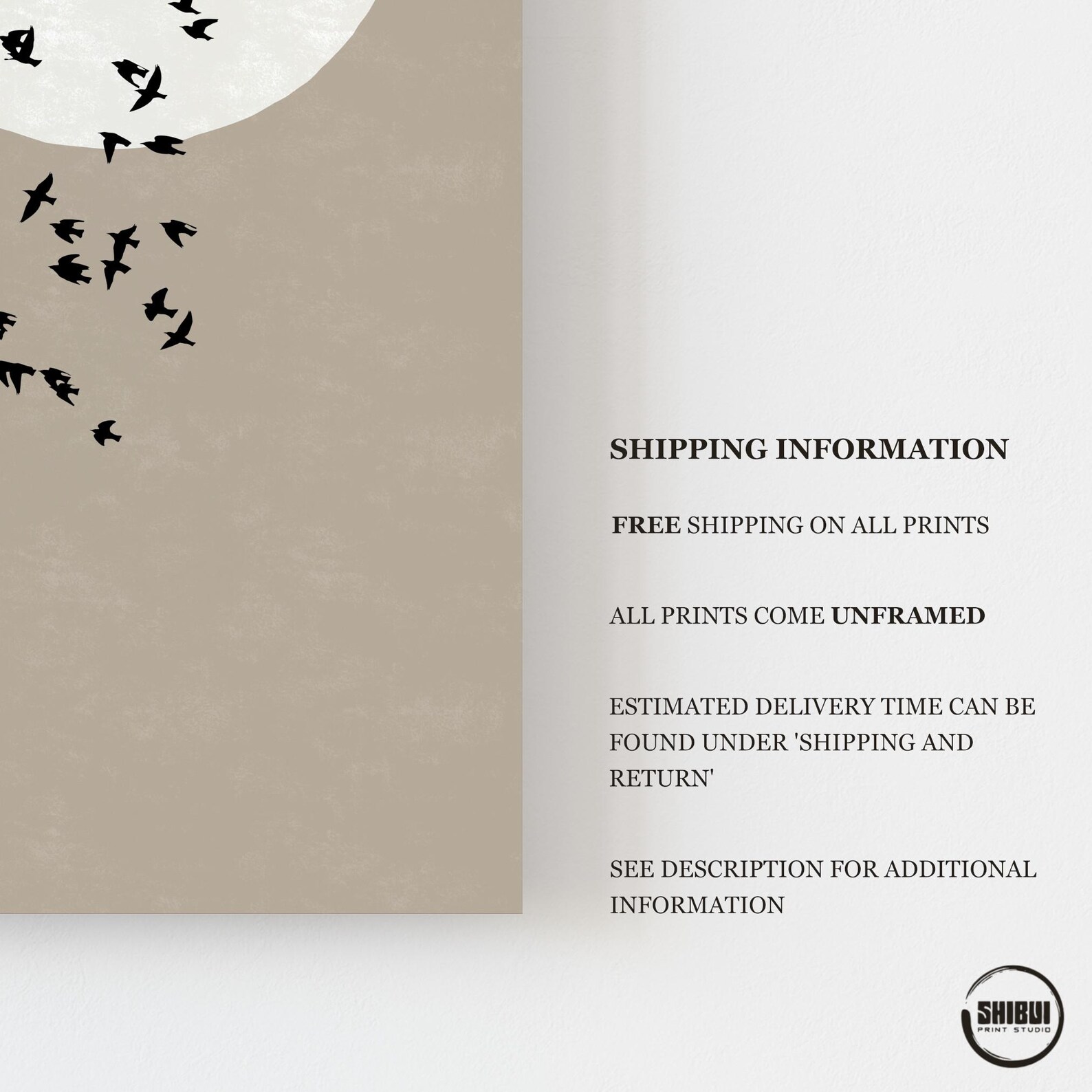 Neutral Colors Flock of Birds Japandi Wall Art, Birds Silhouette Moon ...