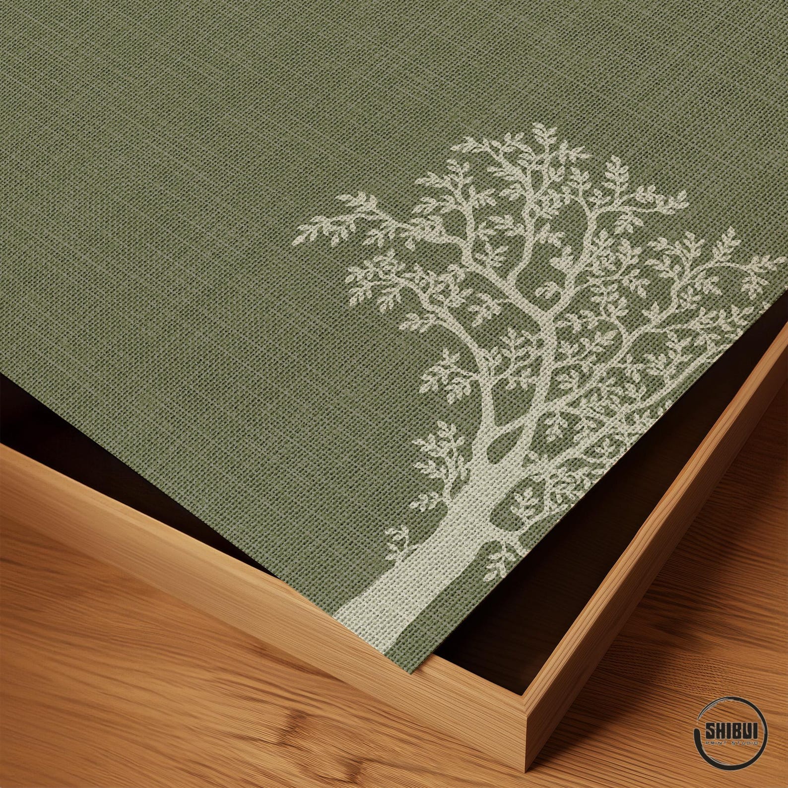 Calming Green Square Wall Art, Abstract Crane Birds Tree Linen Art ...