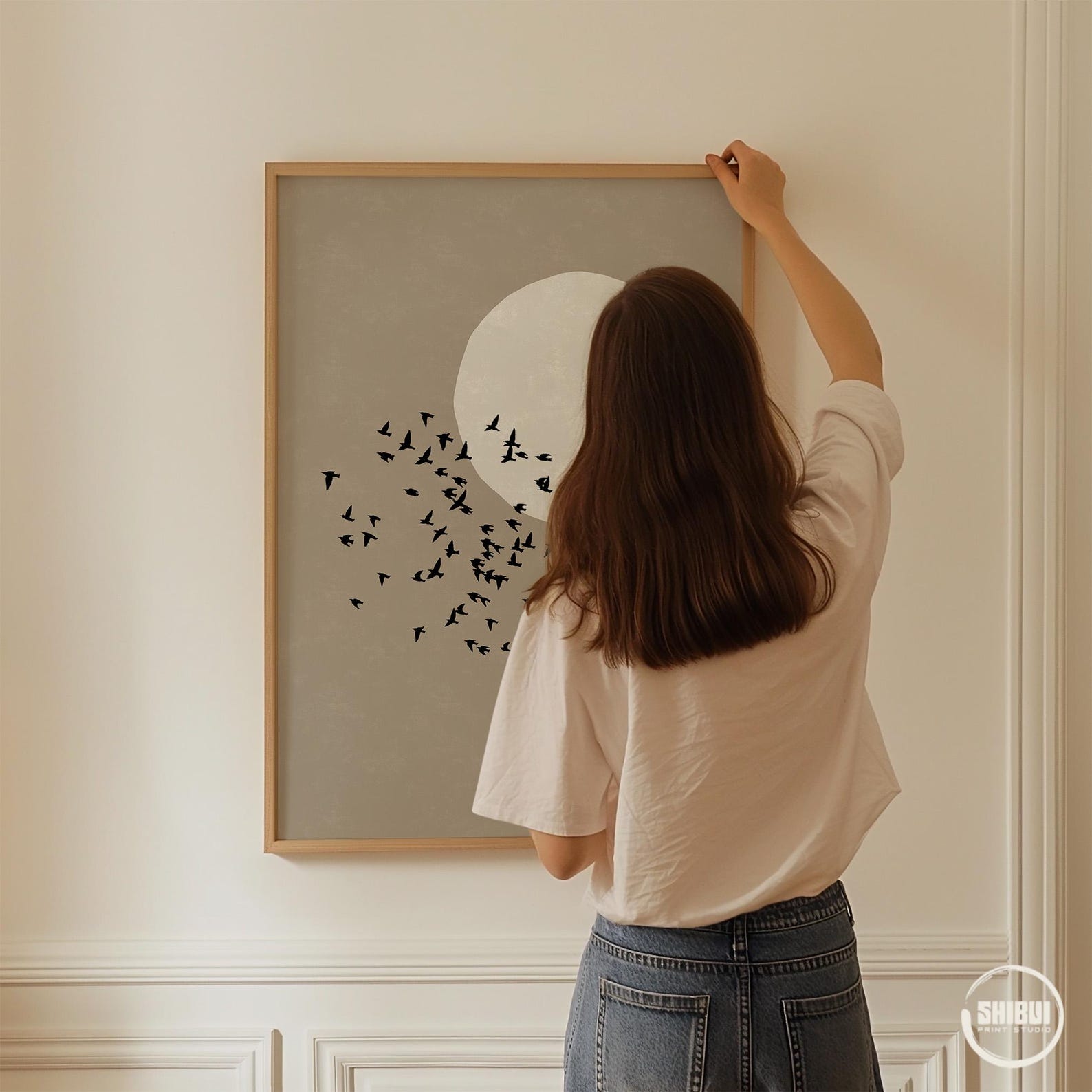 Neutral Colors Flock of Birds Japandi Wall Art, Birds Silhouette Moon ...