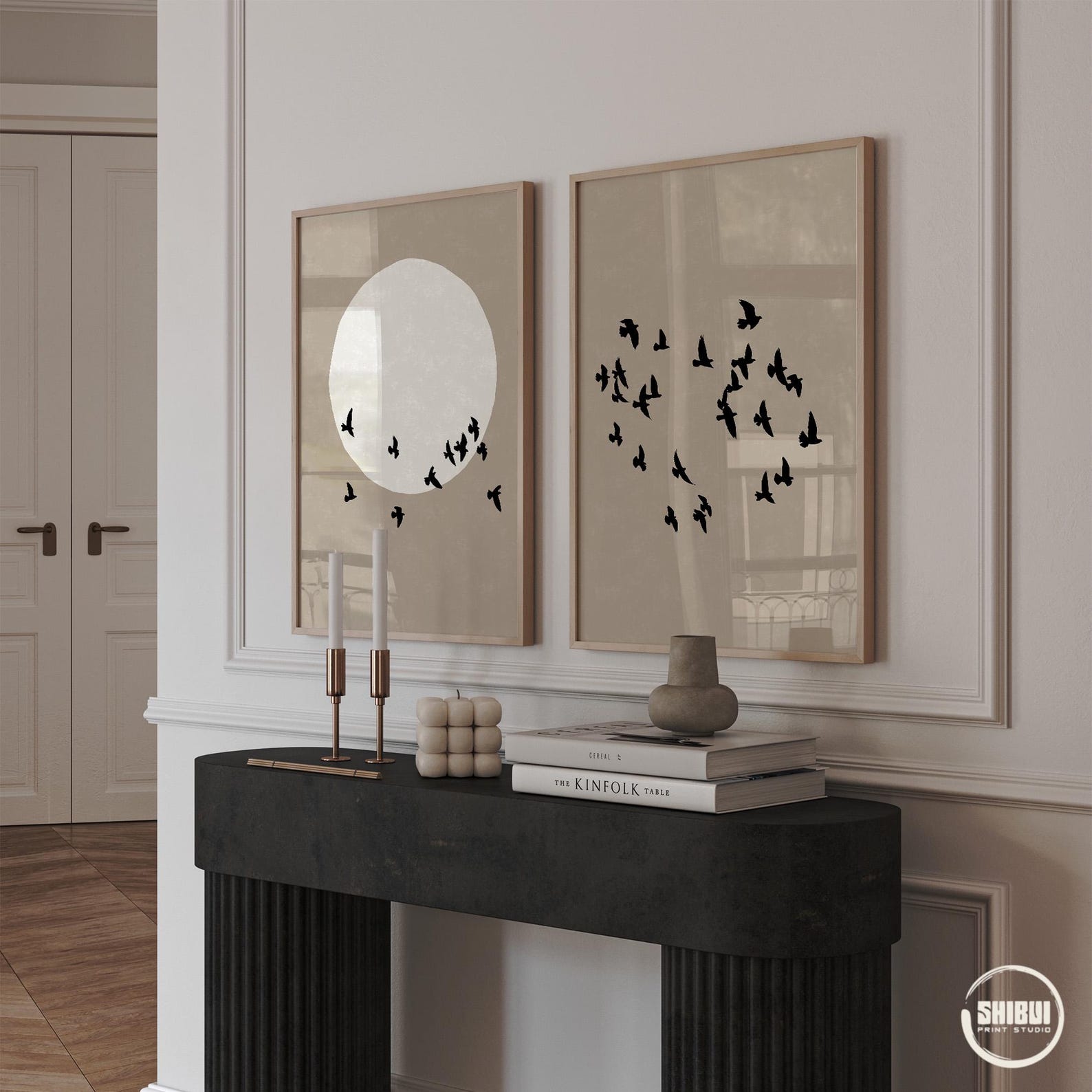 Neutral Poster Set of 2, Flock of Birds Sun Japandi Diptych Wall Art ...
