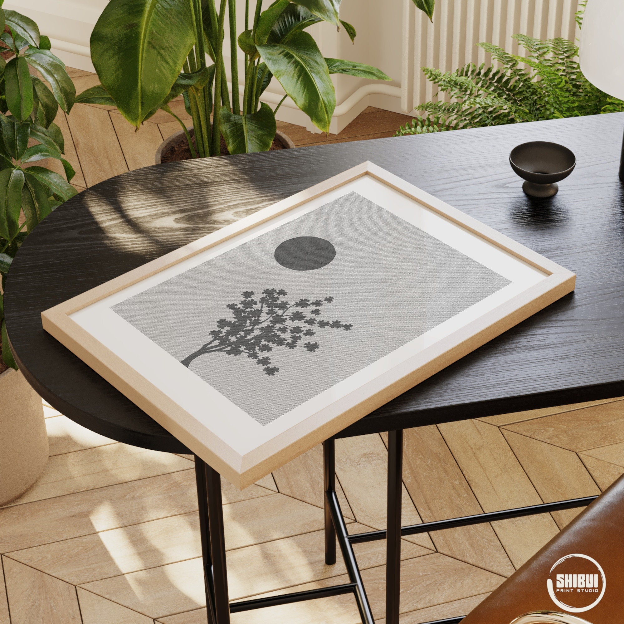 Japandi Hygge Tree Poster, Silver Gray Cherry Blossoms Sun Minimalistic ...