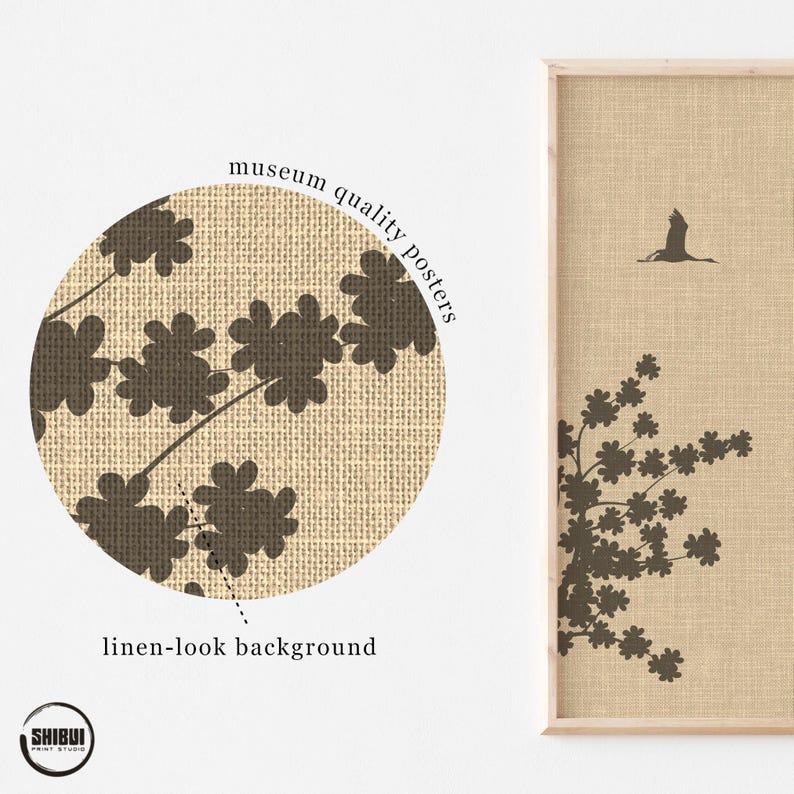 Japandi Triptych Art Prints Set, Japanese Crane Birds Sakura Sun Set of ...