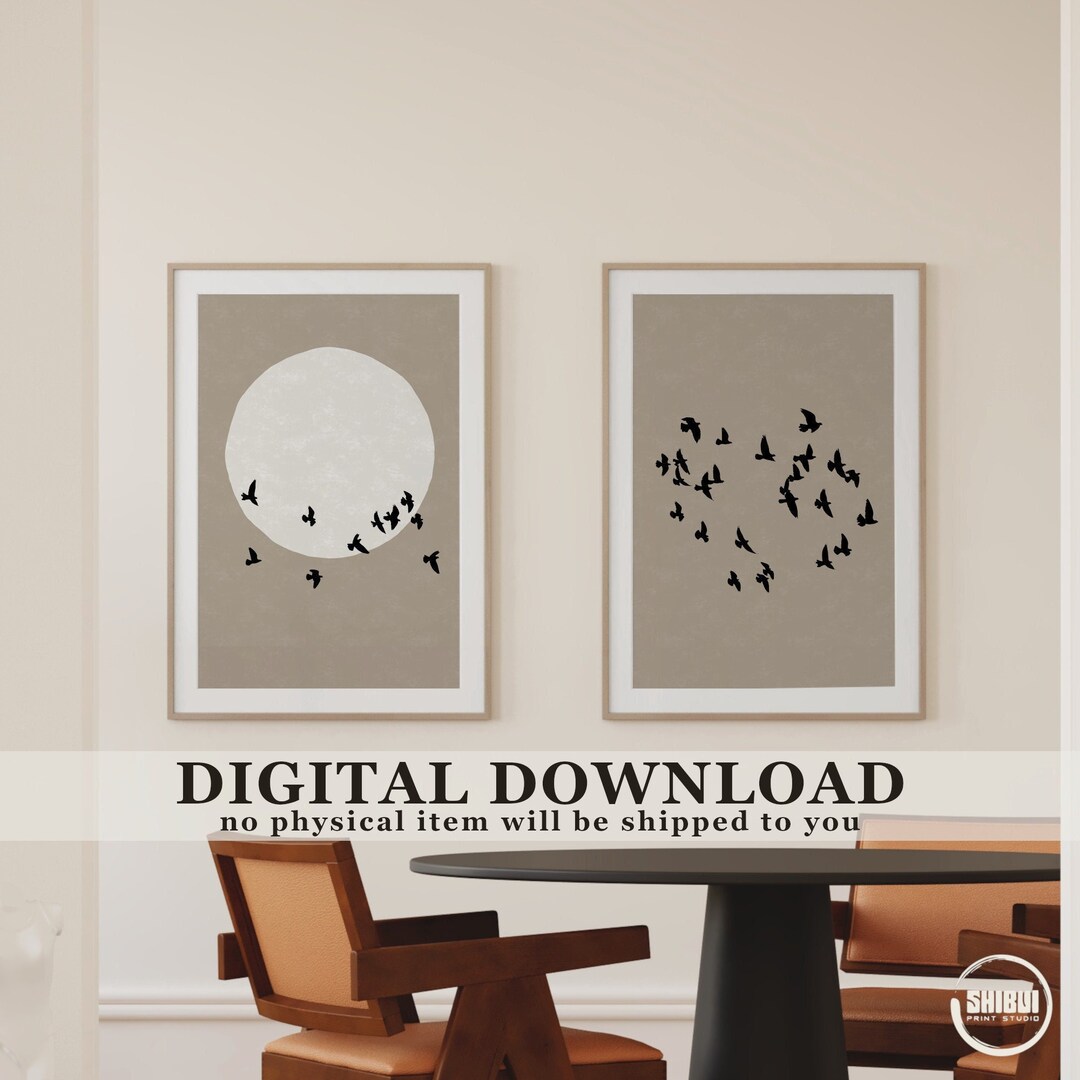 Neutral Beige Flock of Birds Set of 2 Wall Art, Japandi Sun Diptych ...