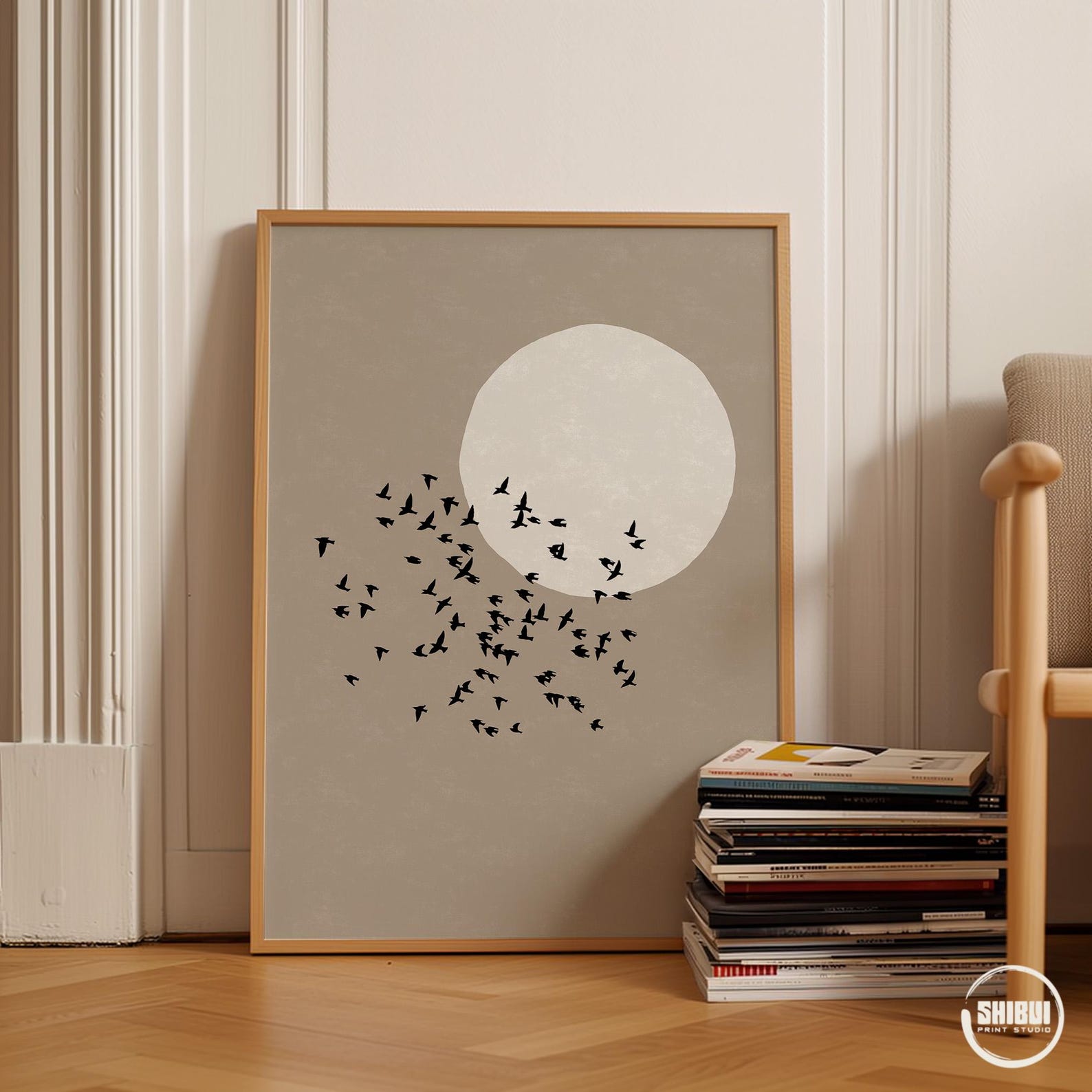 Neutral Colors Flock of Birds Japandi Wall Art, Birds Silhouette Moon ...