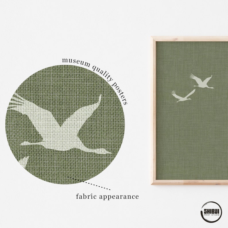 Calming Green Square Wall Art, Abstract Crane Birds Tree Linen Art ...