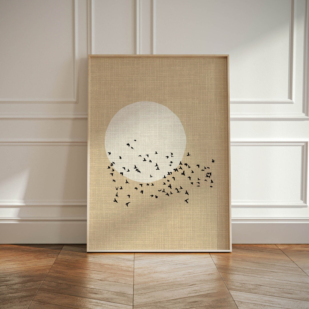 Large Neutral Art Poster - Japan Birds Print, Linen Look, Flock of ...