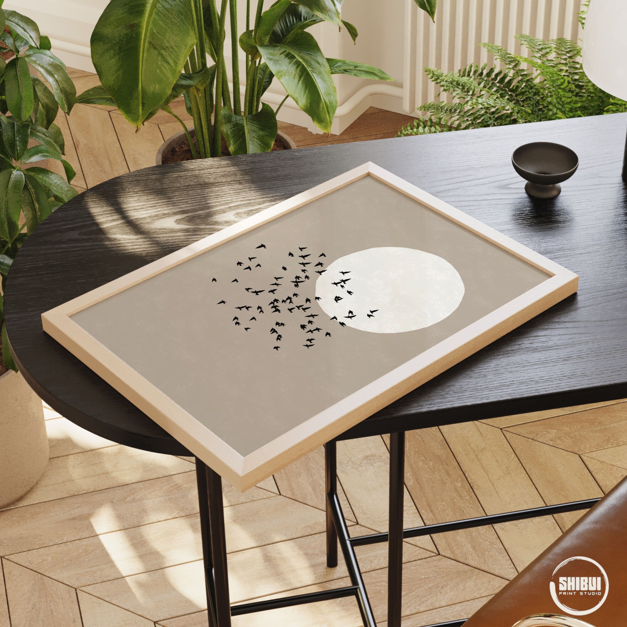 Neutral Colors Flock of Birds Japandi Wall Art, Birds Silhouette Moon ...