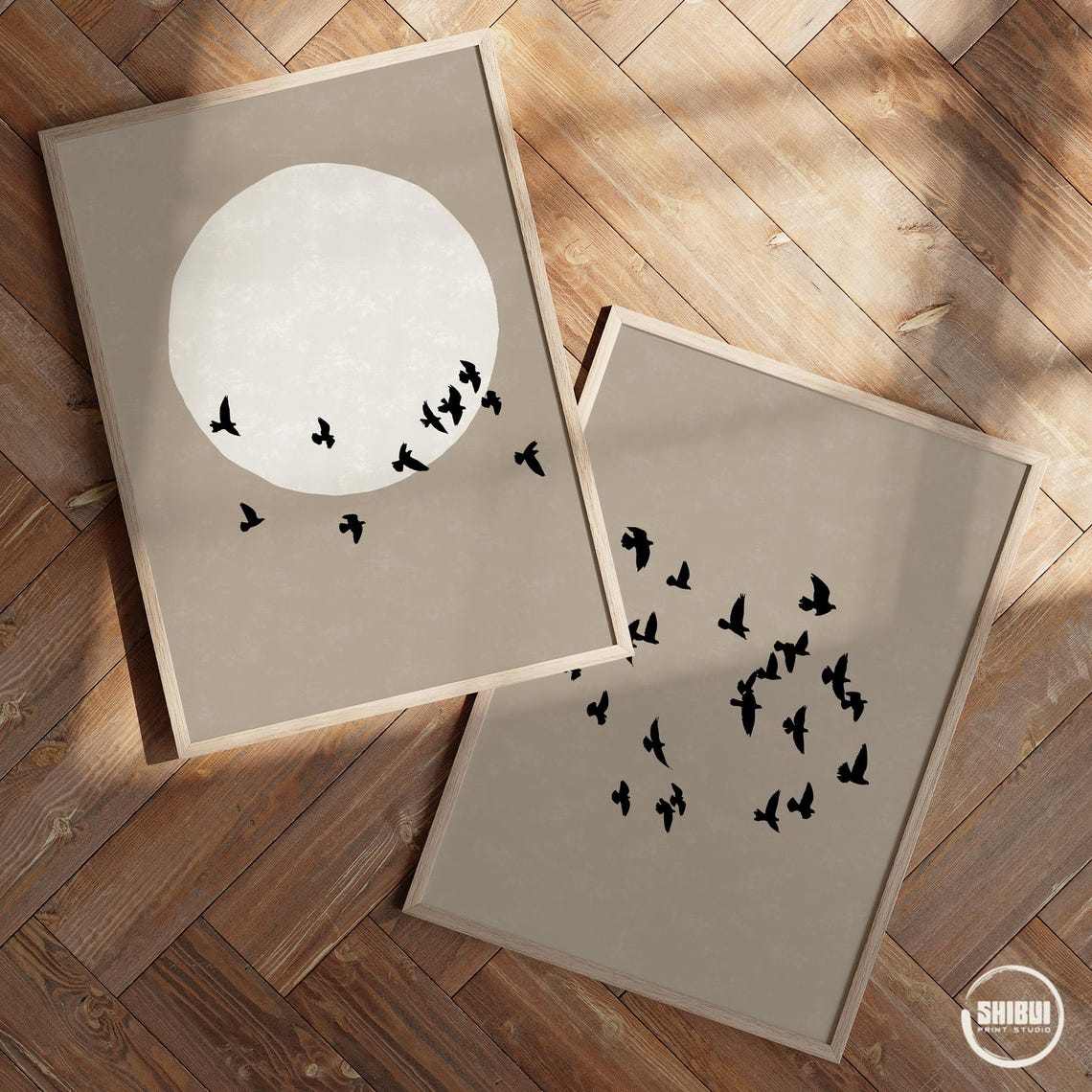 Neutral Poster Set of 2, Flock of Birds Sun Japandi Diptych Wall Art ...
