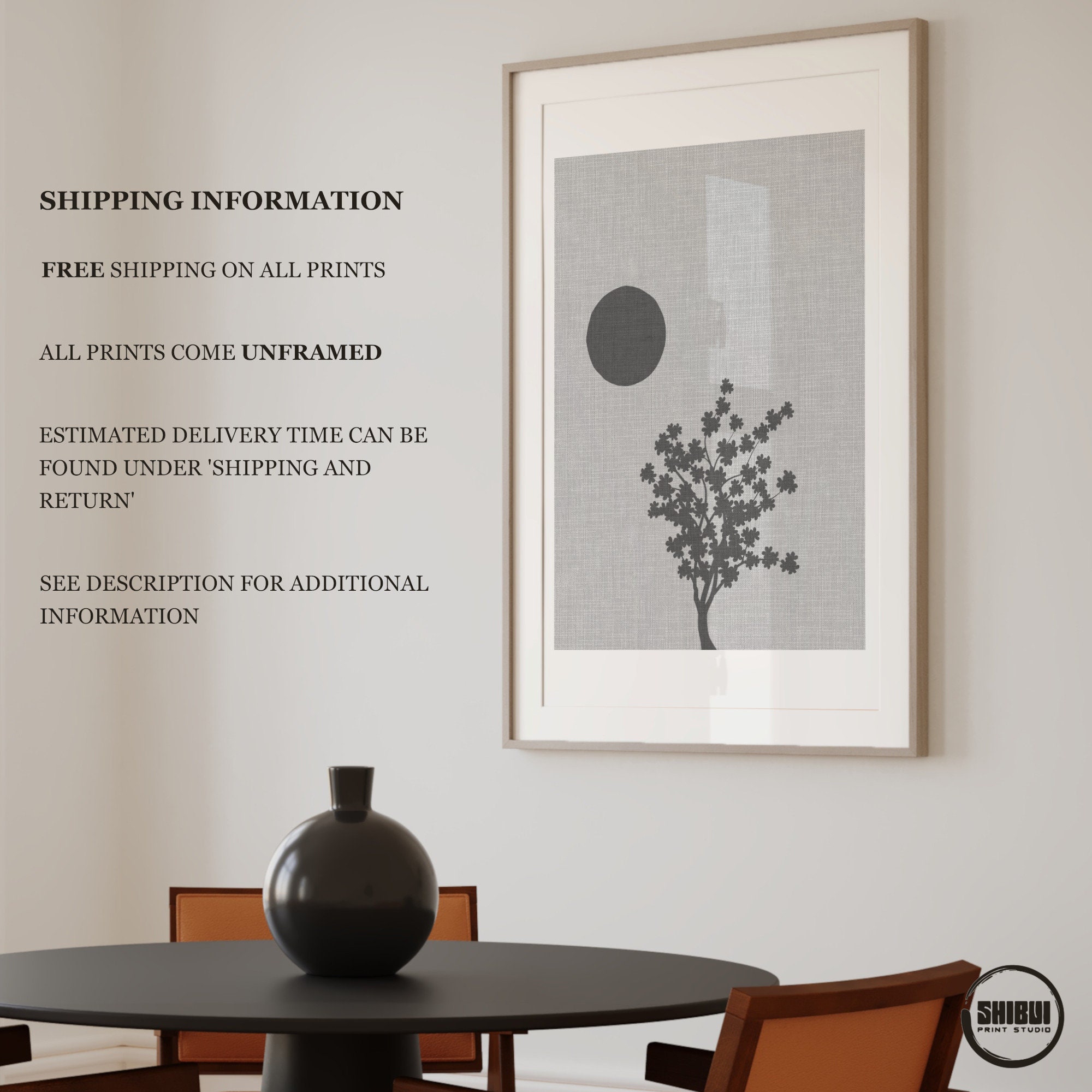 Japandi Hygge Tree Poster, Silver Gray Cherry Blossoms Sun Minimalistic ...