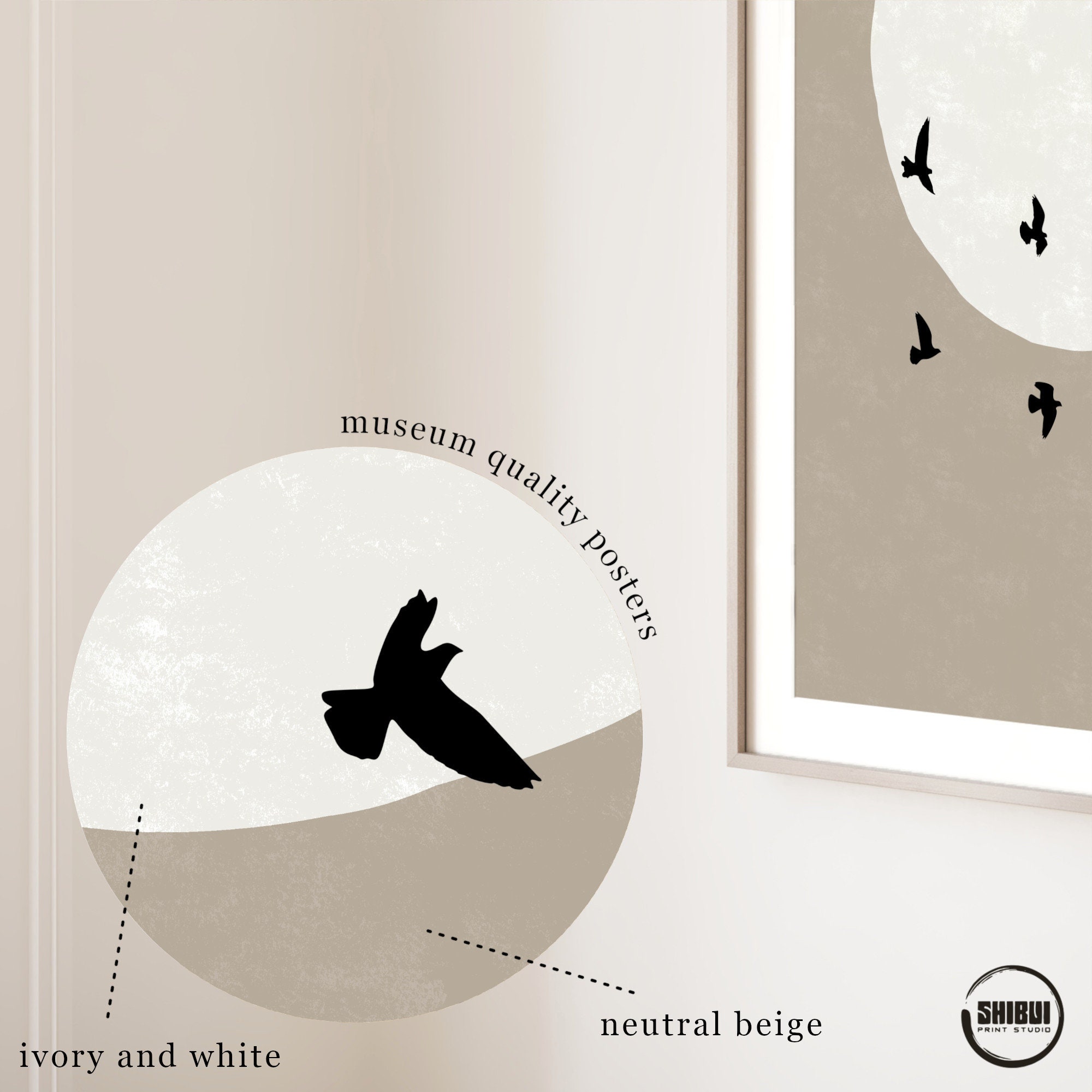 Neutral Poster Set of 2, Flock of Birds Sun Japandi Diptych Wall Art ...