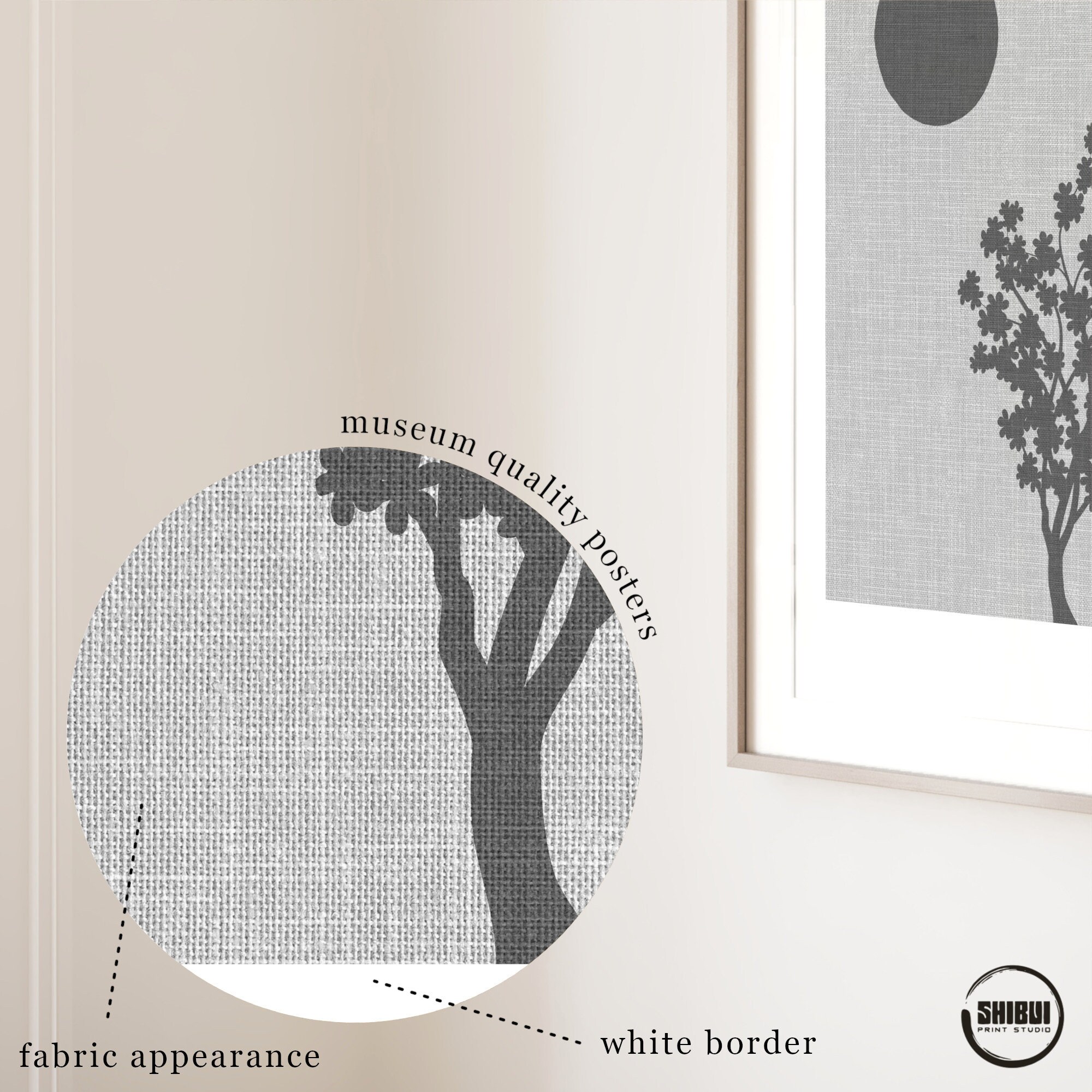 Japandi Hygge Tree Poster, Silver Gray Cherry Blossoms Sun Minimalistic ...
