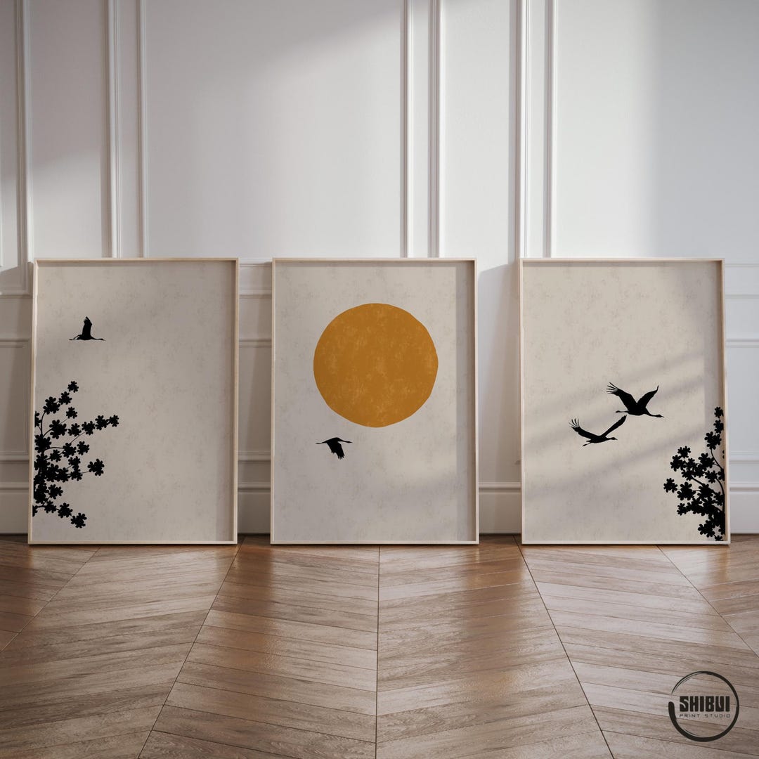 Japanese Set of 3 Posters, Crane Birds Sun Blossom Silhouette Japandi ...