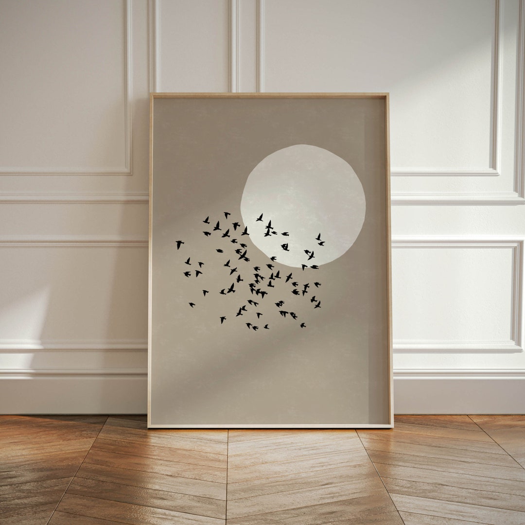Neutral Colors Flock of Birds Japandi Wall Art, Birds Silhouette Moon ...