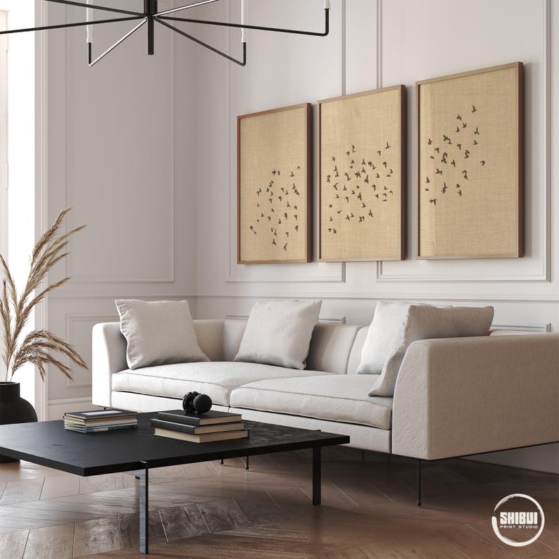 Triptych Minimalistic Japandi Poster Set, Flock of Birds Set of 3 ...